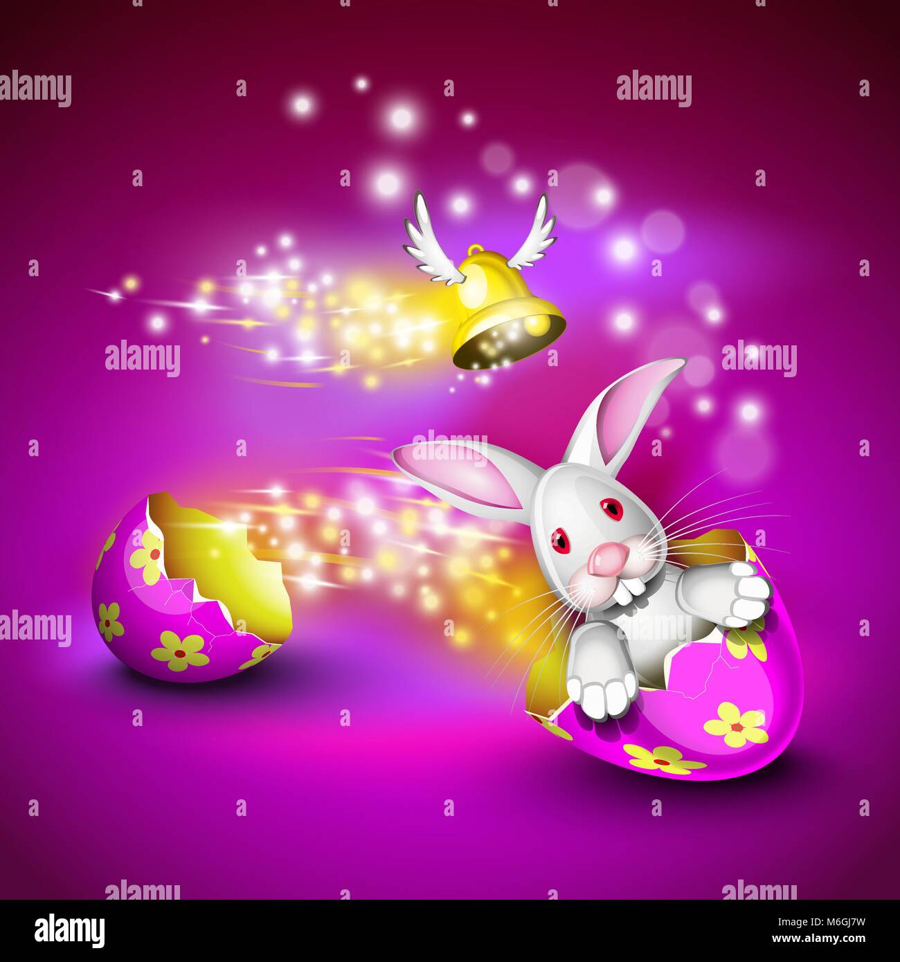 Funny bunny driving a decorated egg shell over a purple background ...