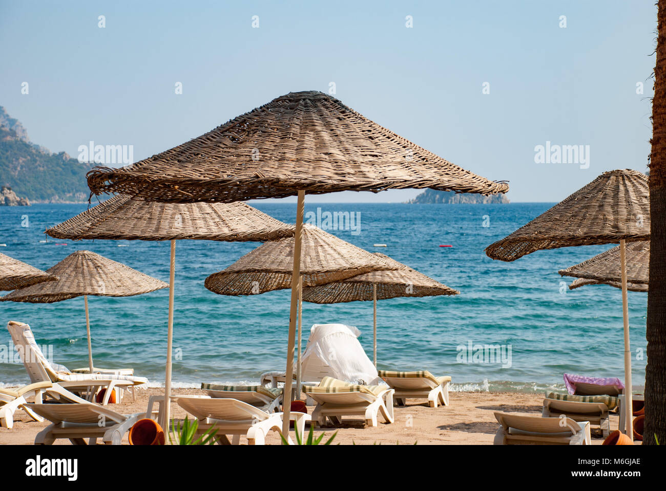 Straw beach umbrellas on the beach against the vibrant backdrop of sea ...