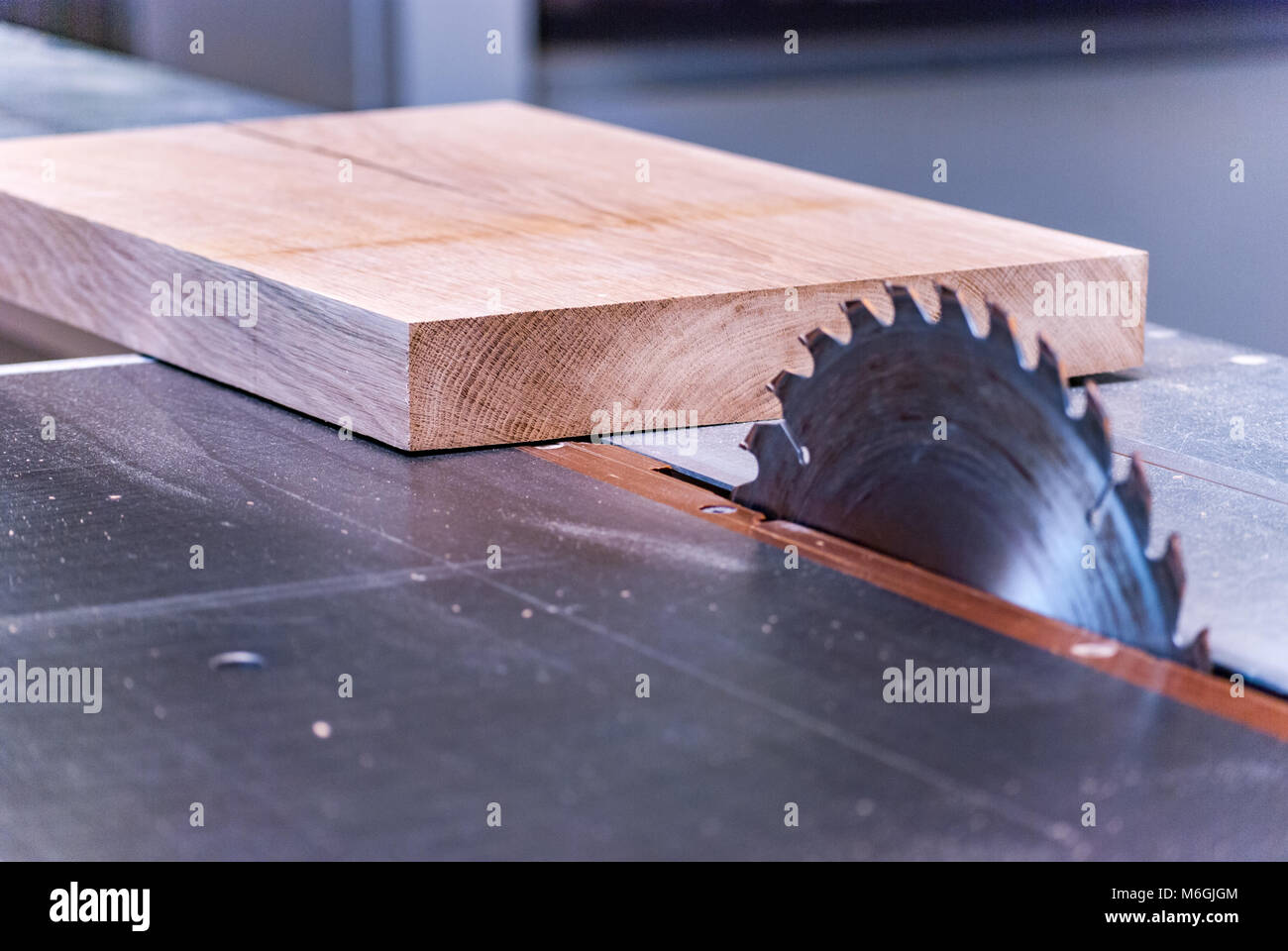 Close-up view of oak wood plank on table saw, highlighting the texture ...