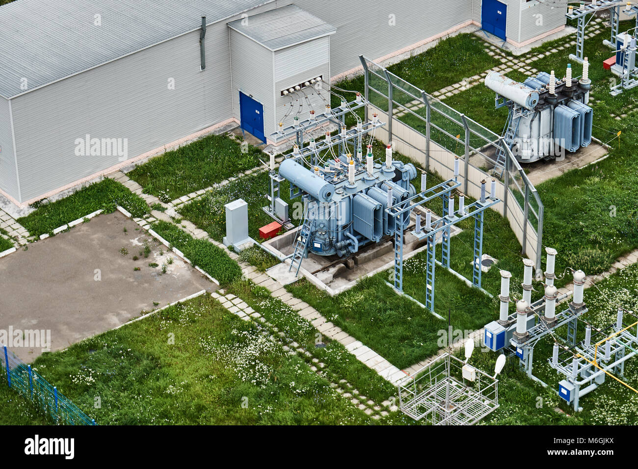 City electric substation on green grass, top view Stock Photo - Alamy
