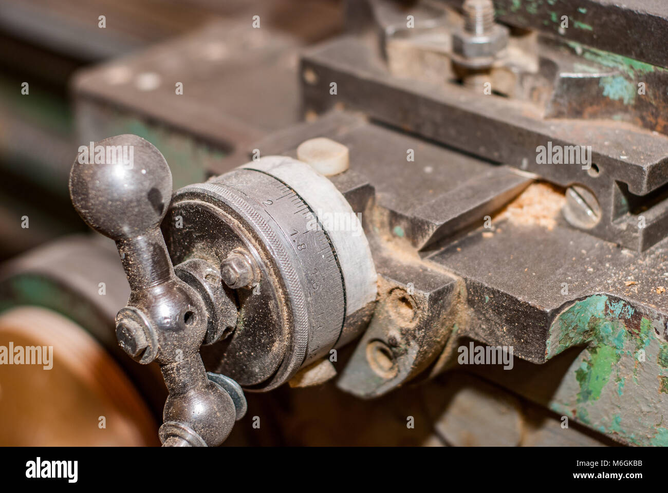 Old metal lathe machine for metalworking in workshop closeup view Stock ...