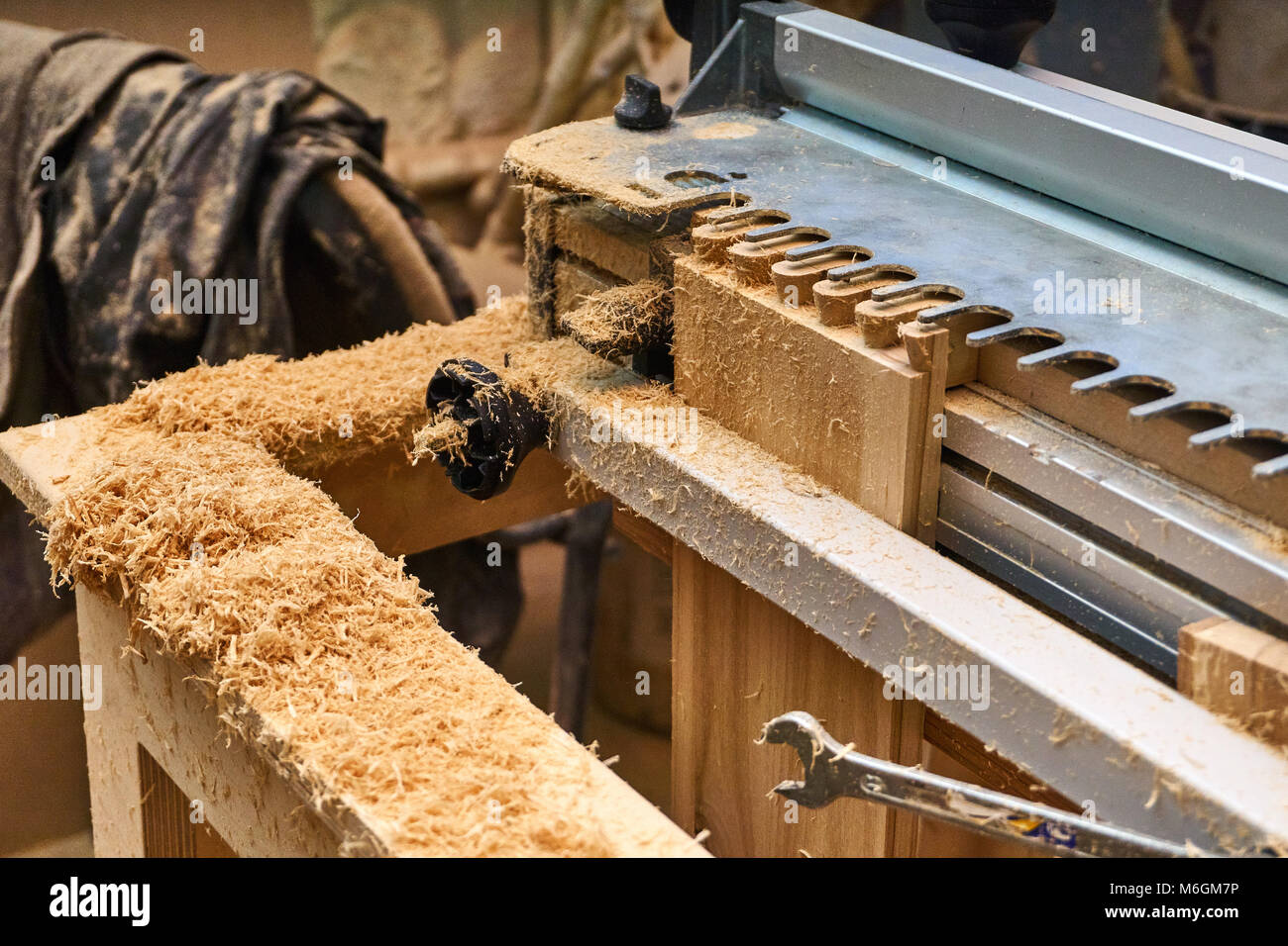 Dovetail joint. Woodworking and carpentry production. Part of a wooden ...