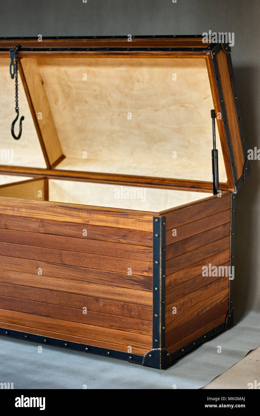 Solid teak chest with lift gas spring. Open wooden storage chest made ...