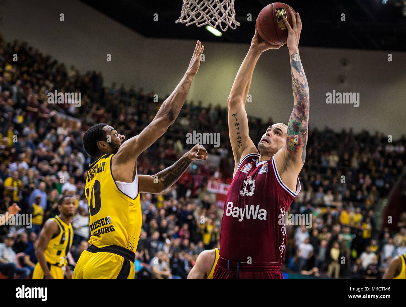 03 March 2018, Germany, Ludwigsburg: Basketball Bundesliga, MHP Riesen ...