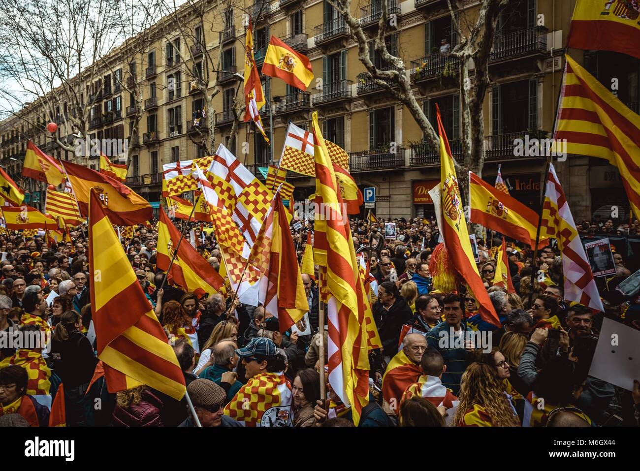 Barcelona, Spain. 4 March, 2018: Anti-independence activists march with ...