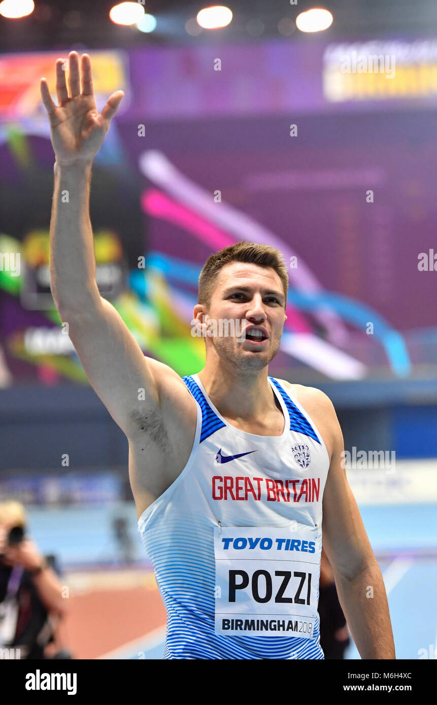 Birmingham, UK. 04th Mar, 2018. Andrew Pozzi (GBR) celebrates winning ...