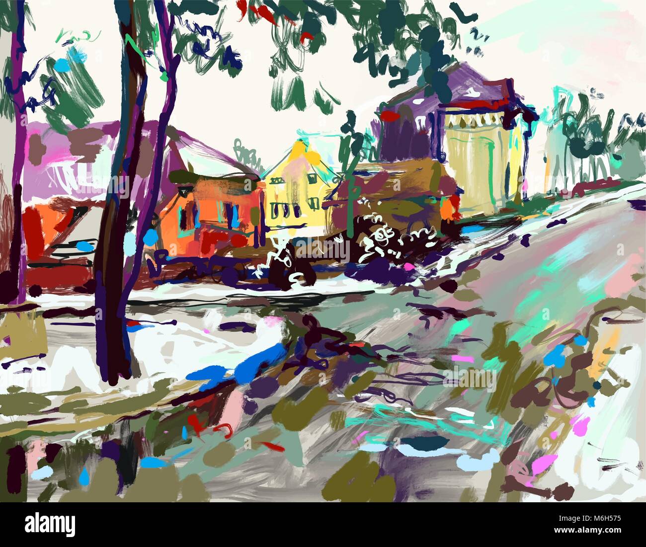 digital painting artwork of village winter landscape Stock Vector Image ...