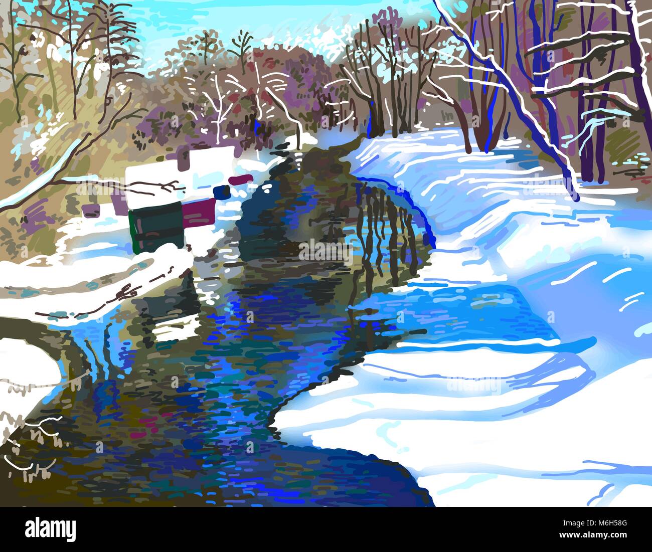 Snowy landscape river trees Stock Vector Images - Alamy