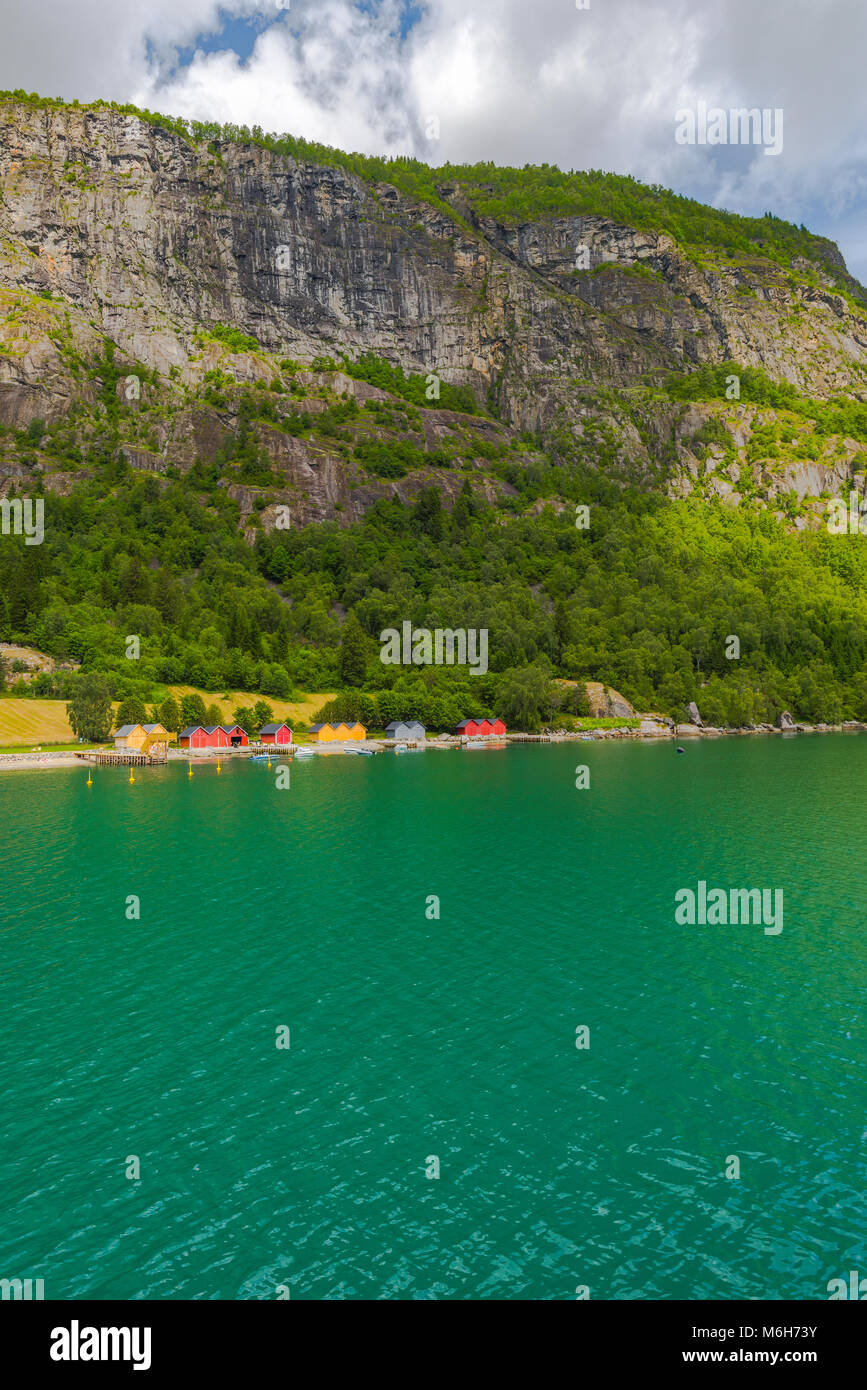 colourful huts at the shore of the fjord, Norway, panorama of ...