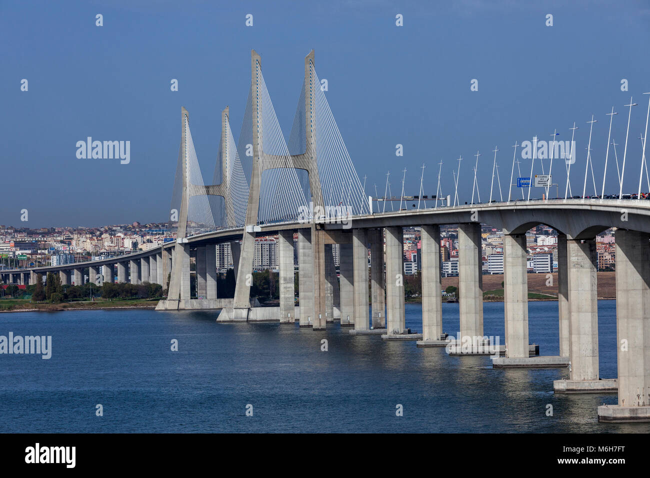 Unusual view to the main part of Vasco da Gama Bridge in Lisbon ...