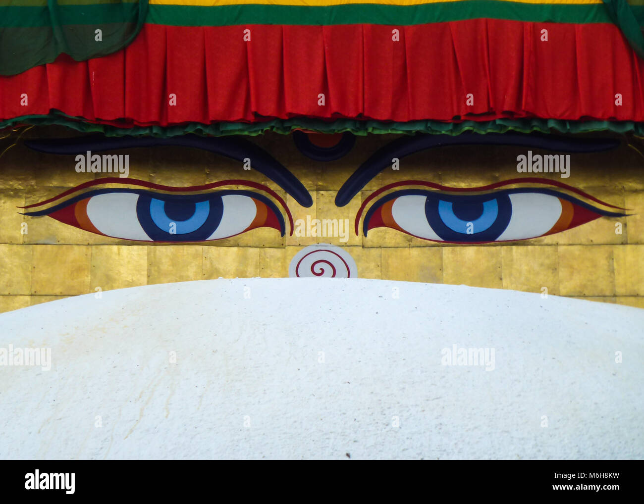 detail of the eyes of Buddha painted over the dome of the Boudhanath ...