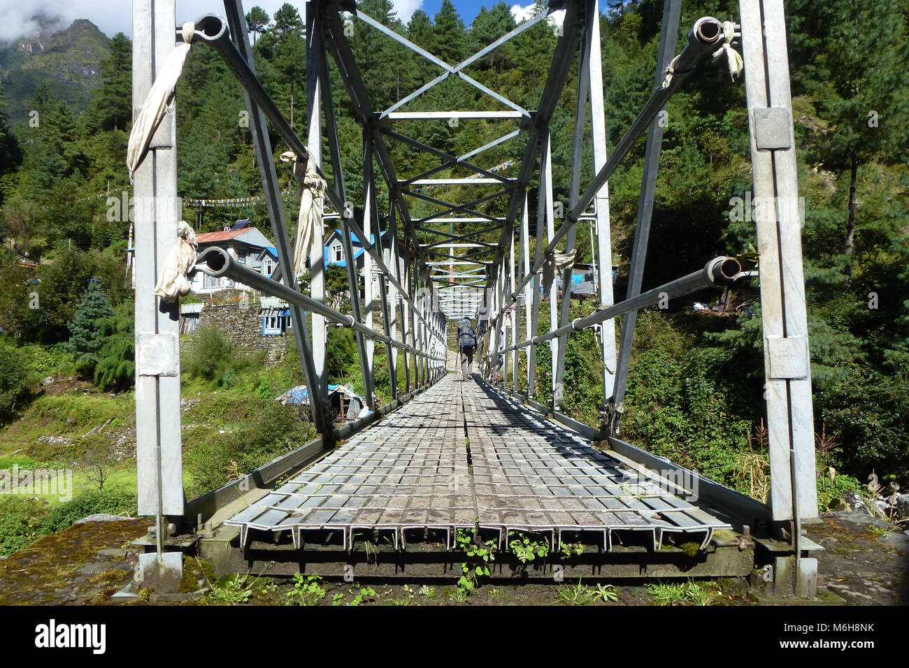 Steel bridge in Chheplung, Everest Base Camp trek, Nepal Stock Photo ...