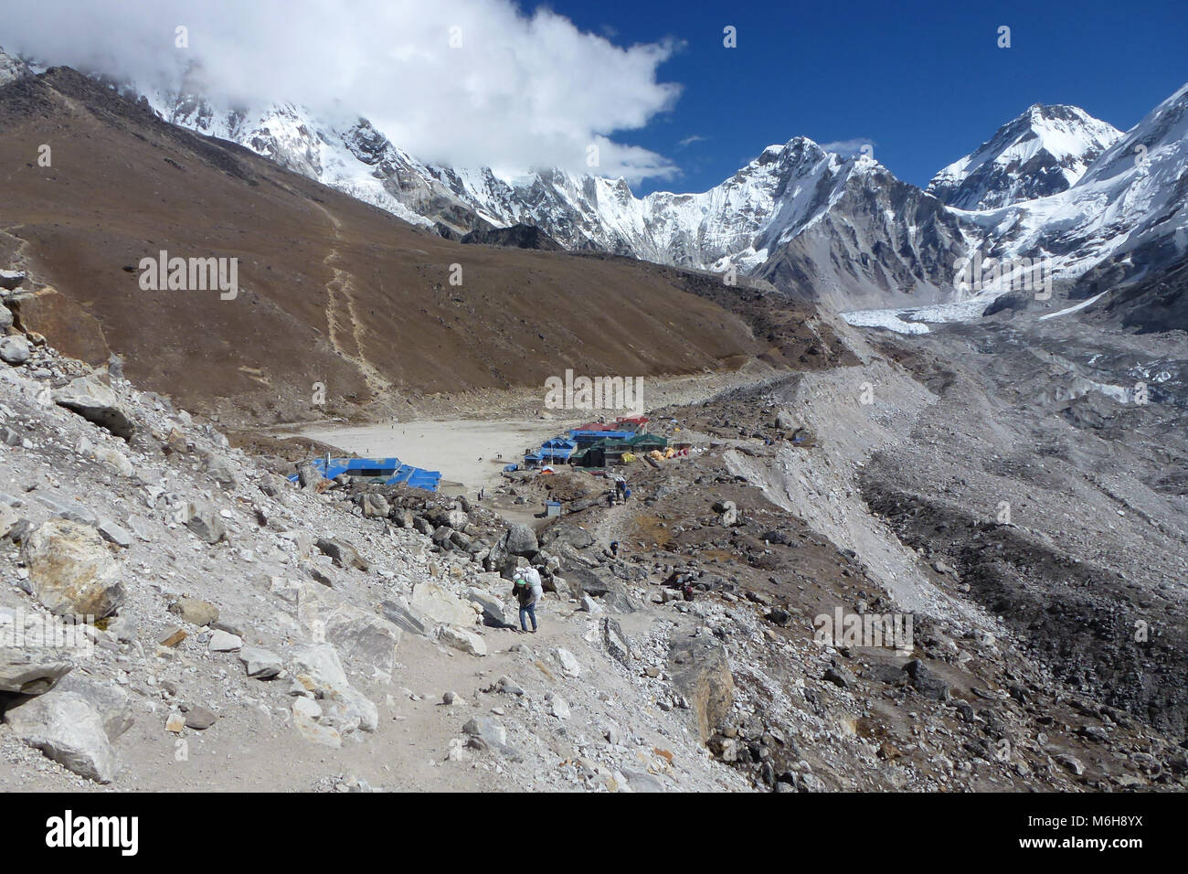 Scenic view of Gorak shep village with blue sky and big clouds, Everest ...