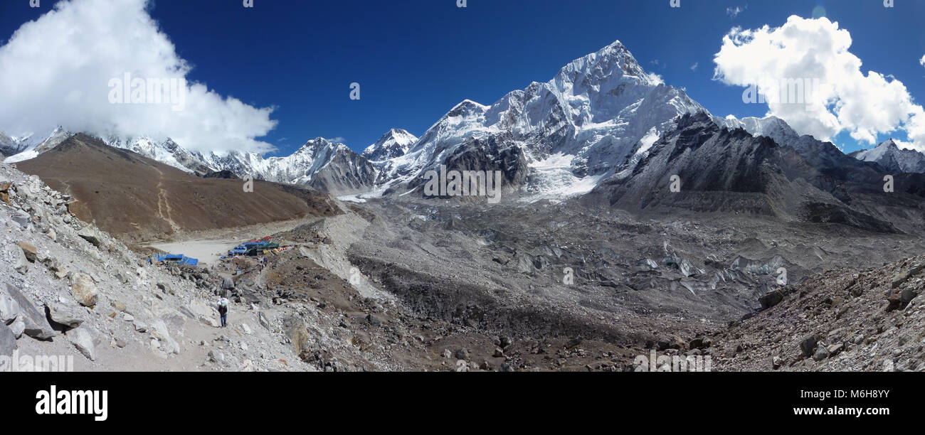 Scenic view of Gorak shep and mount Lhotse with blue sky and big clouds ...