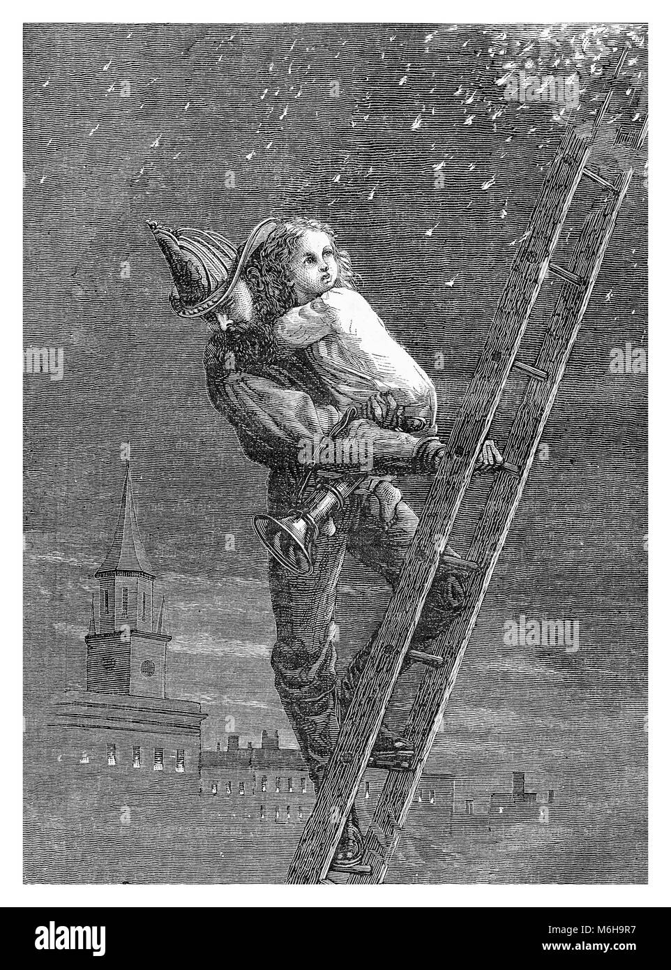 firefighter rescues a baby girl from fire and flames, engraving from ...