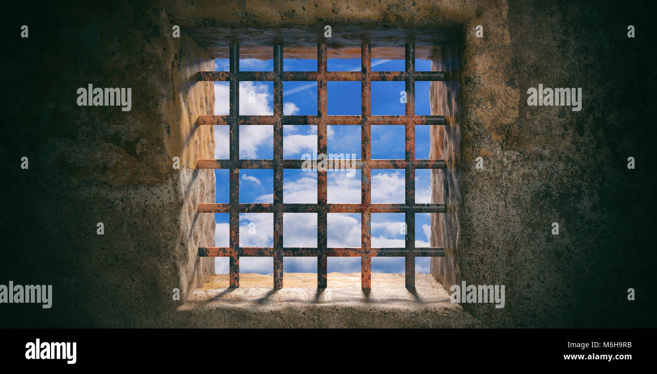 Prison, jail window with rusty bars and blue sky view on old wall background. 3d illustration ...