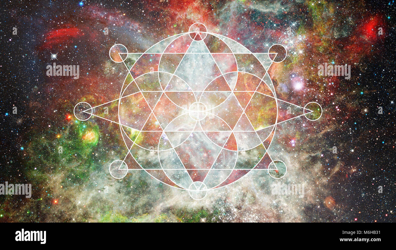 Abstract cosmos geometric background with polygons, triangles, stars ...