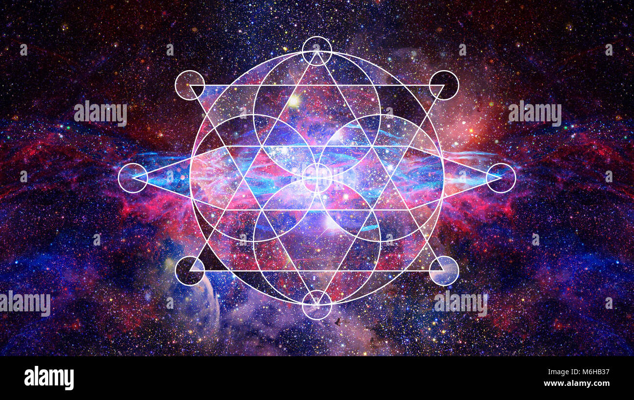 Abstract cosmos geometric background with polygons, triangles, stars ...