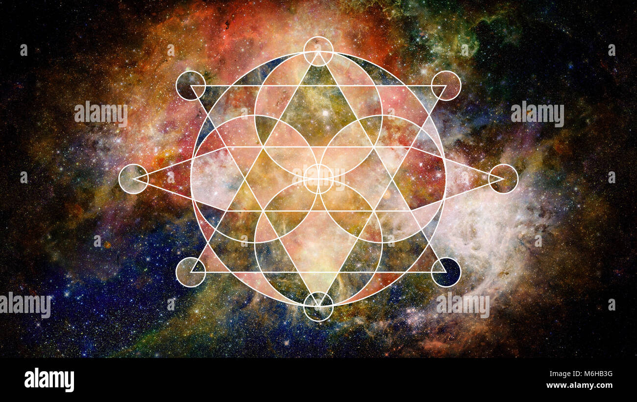 Abstract cosmos geometric background with polygons, triangles, stars ...