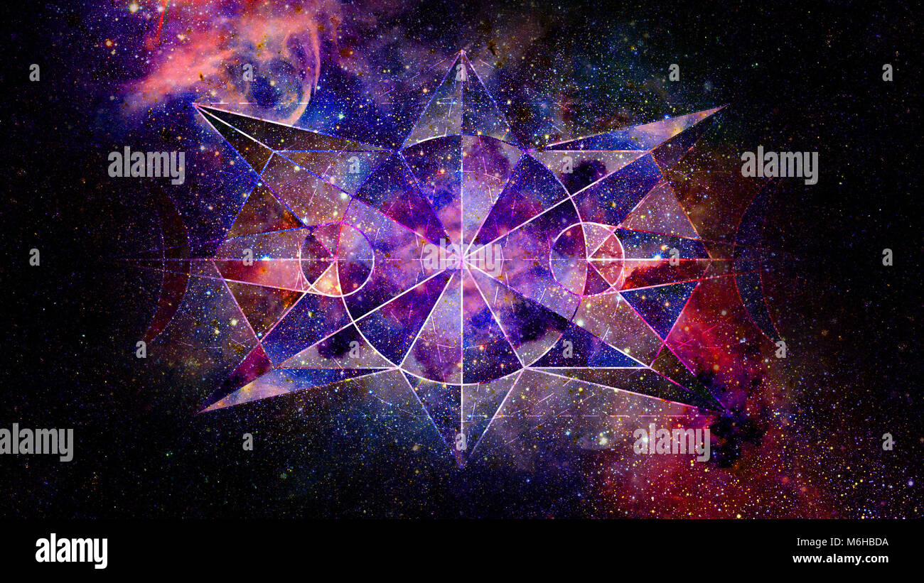 Abstract cosmos geometric background with polygons, triangles, stars ...