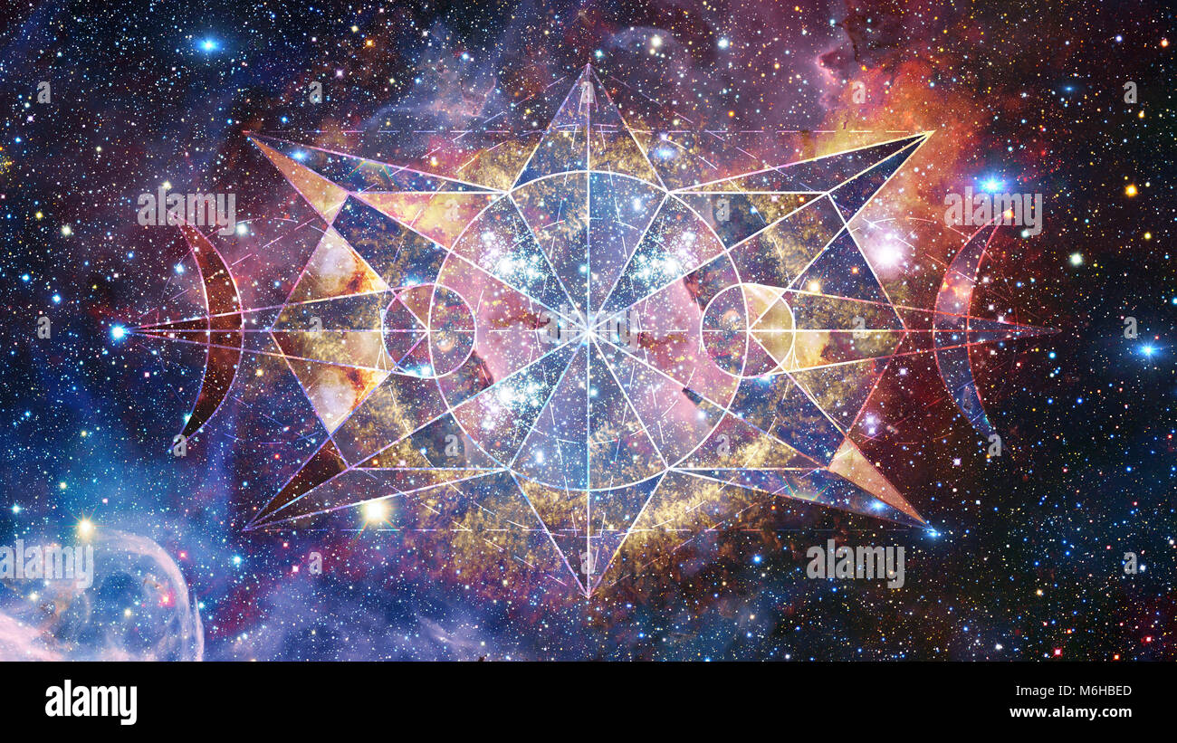 Abstract cosmos geometric background with polygons, triangles, stars ...