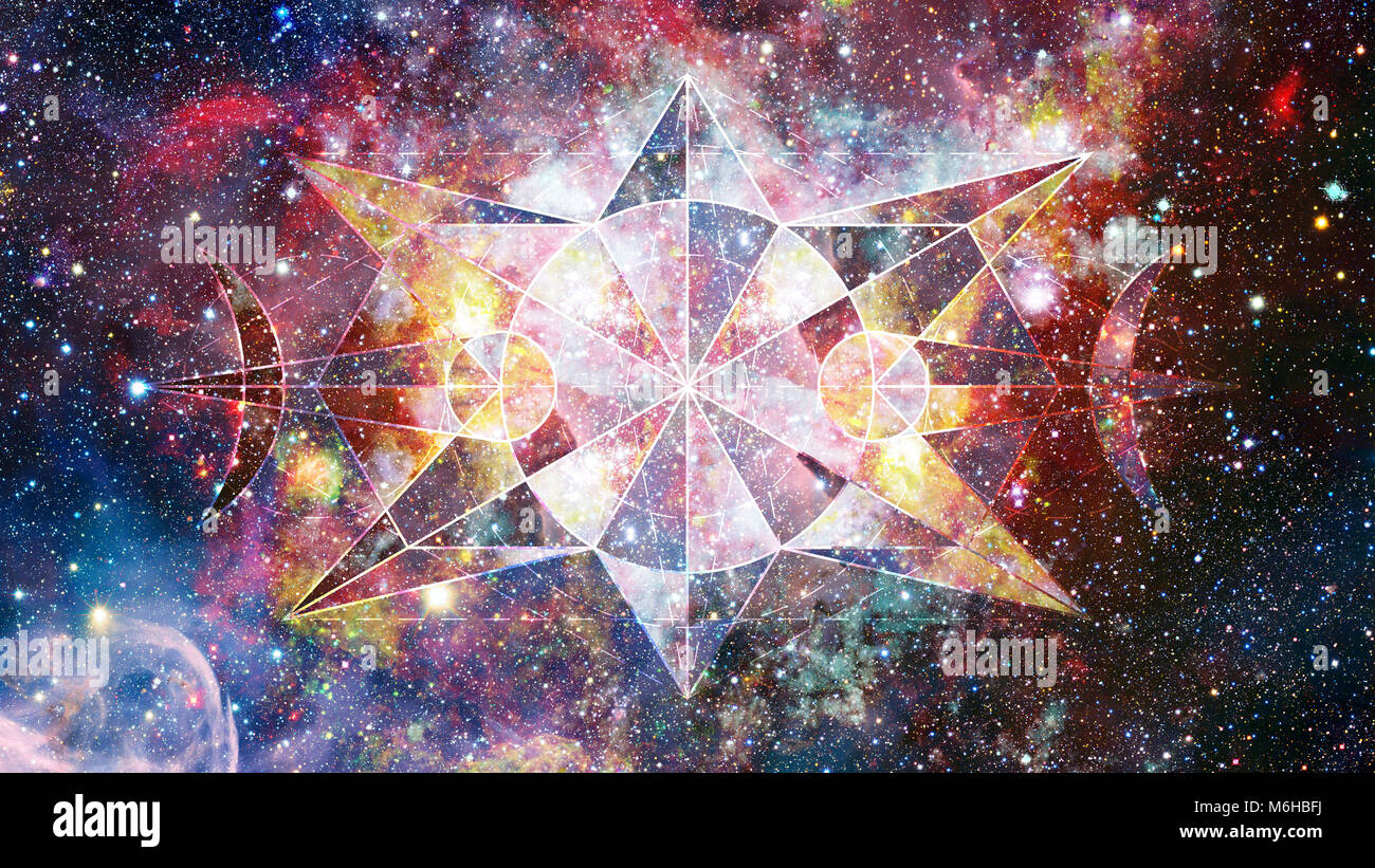 Abstract cosmos geometric background with polygons, triangles, stars ...