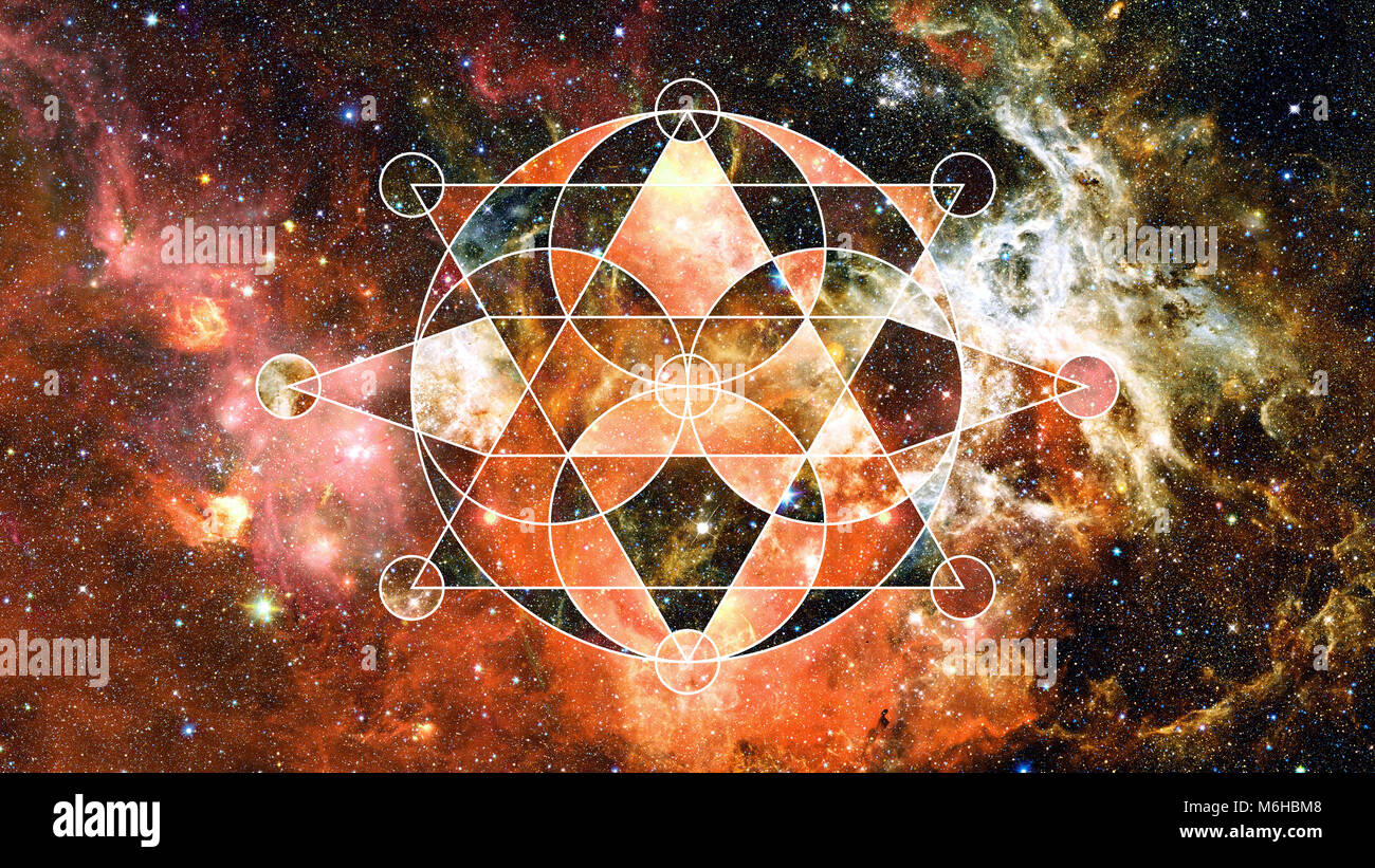 Abstract cosmos geometric background with polygons, triangles, stars ...