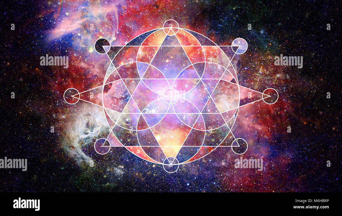 Abstract cosmos geometric background with polygons, triangles, stars ...