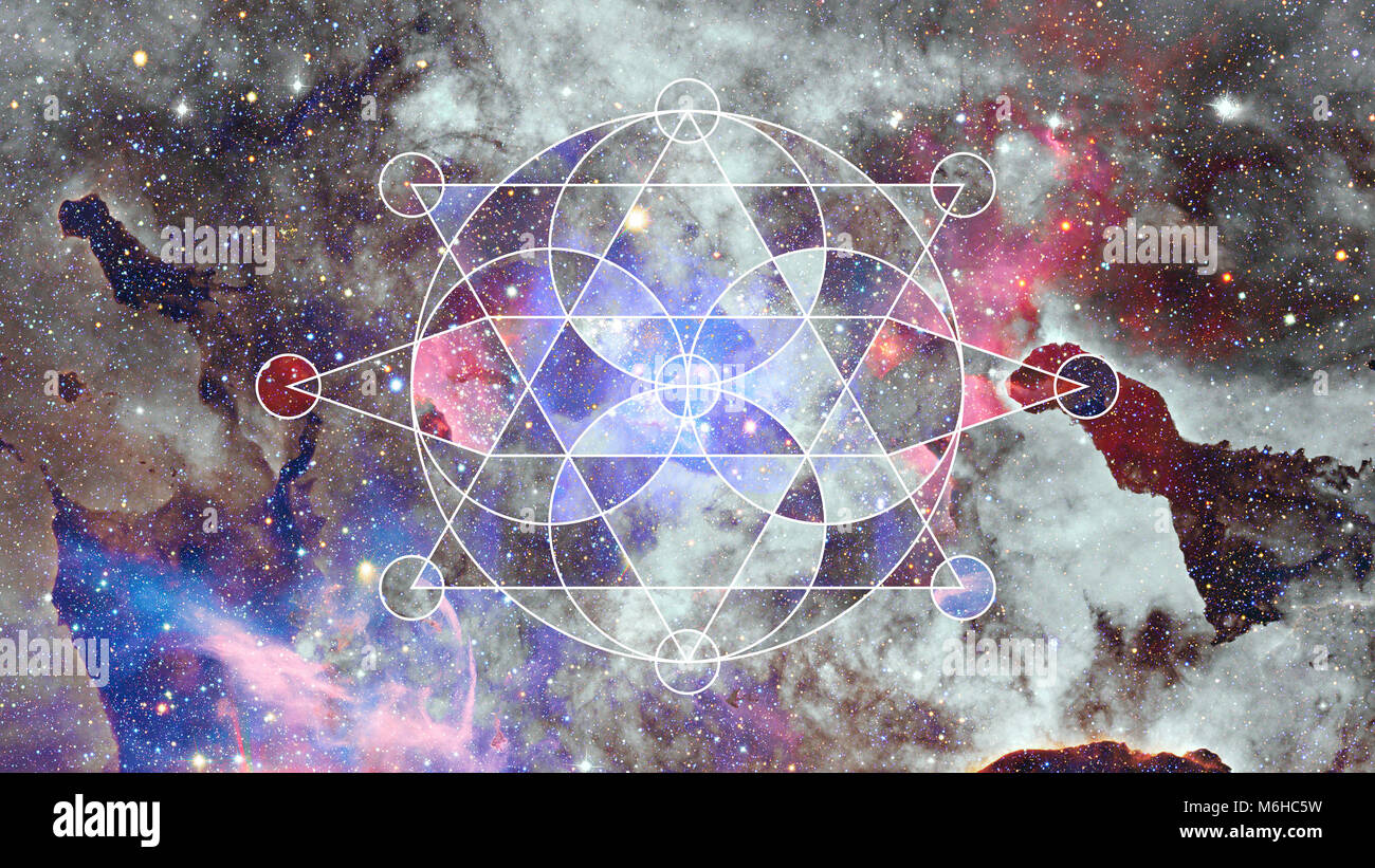 Abstract cosmos geometric background with polygons, triangles, stars ...