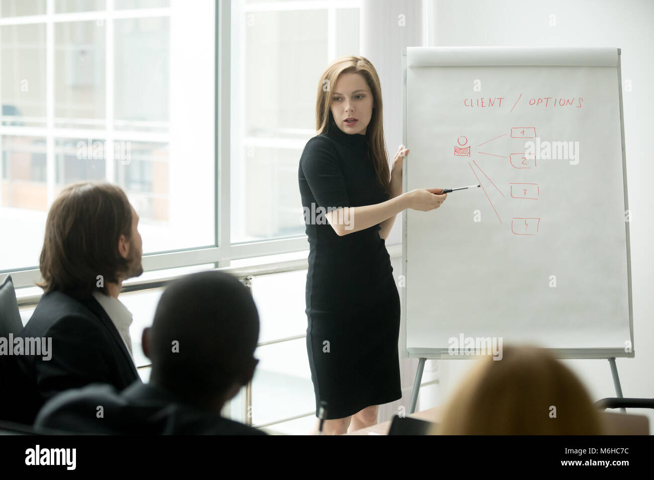 Serious businesswoman giving presentation to multi-ethnic busine Stock ...