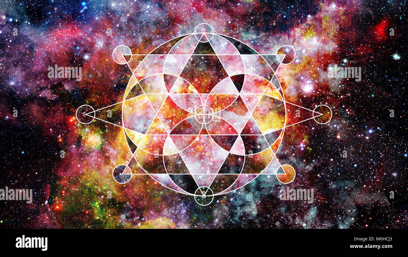 Abstract cosmos geometric background with polygons, triangles, stars ...