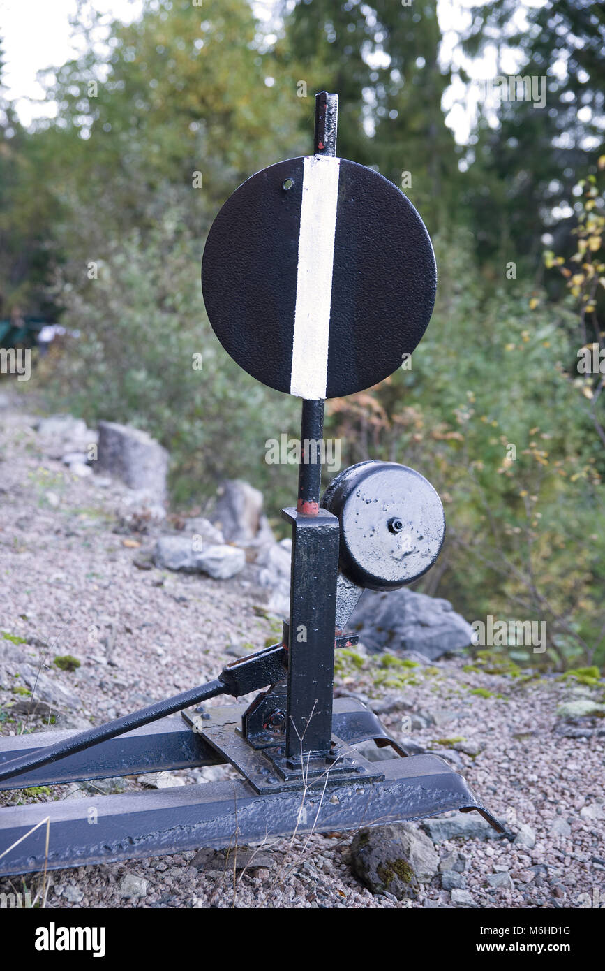 Lever with black and white symbol for mine railway at a mining museum ...