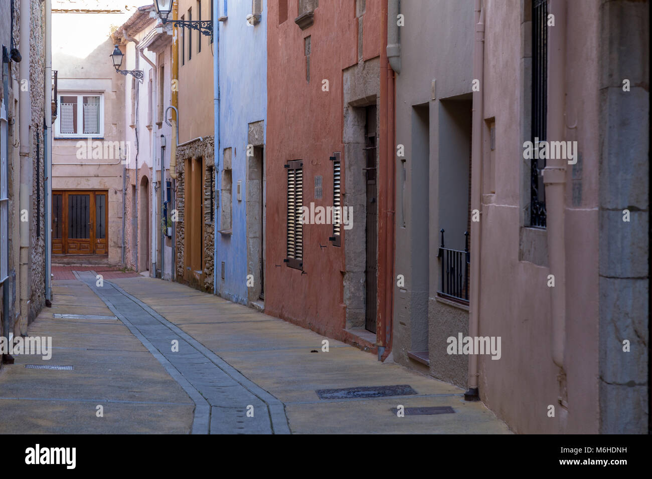 Beautiful old stone street, houses in Spanish ancient village, Begur ...