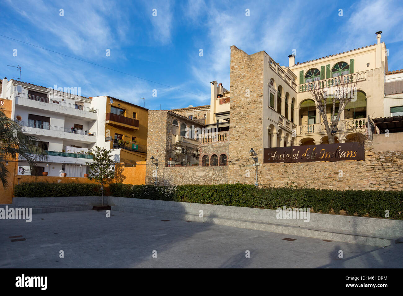 Beautiful old stone street, houses in Spanish ancient village, Begur ...