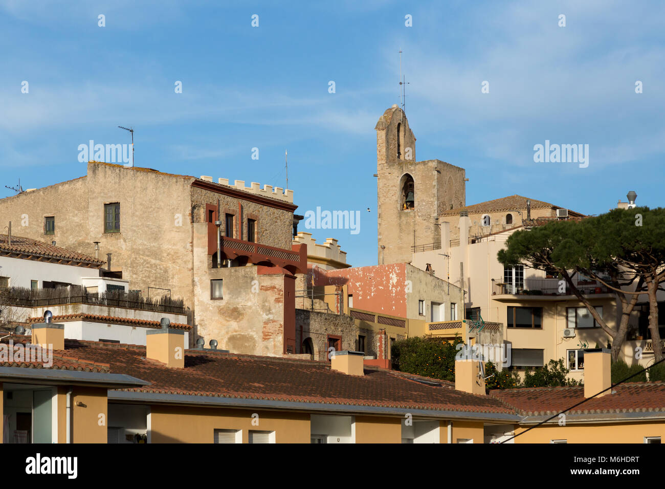 Beautiful old stone street, houses in Spanish ancient village, Begur ...