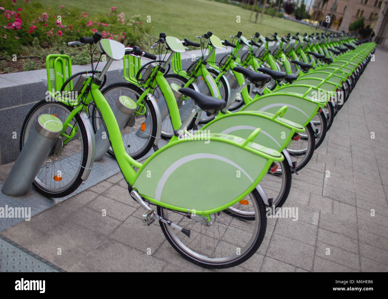 Row of new green public sharing bicycle lined up on the street , Modern ...