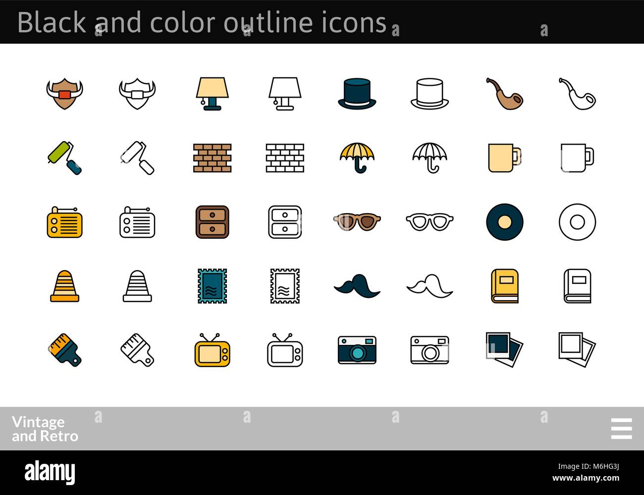Black and color outline icons, thin stroke line style design Stock ...