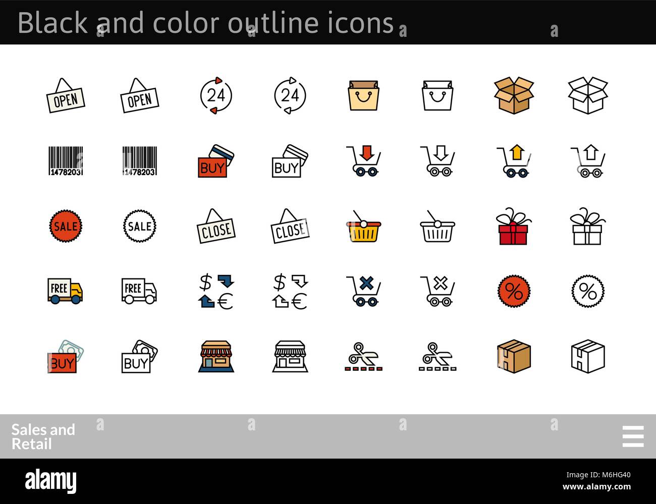 Black and color outline icons, thin stroke line style design Stock ...
