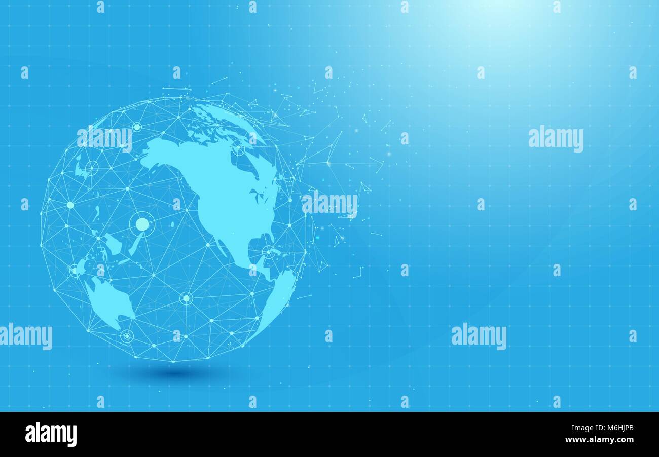 Global network with World map point and lines and triangles, point connecting network on blue ...