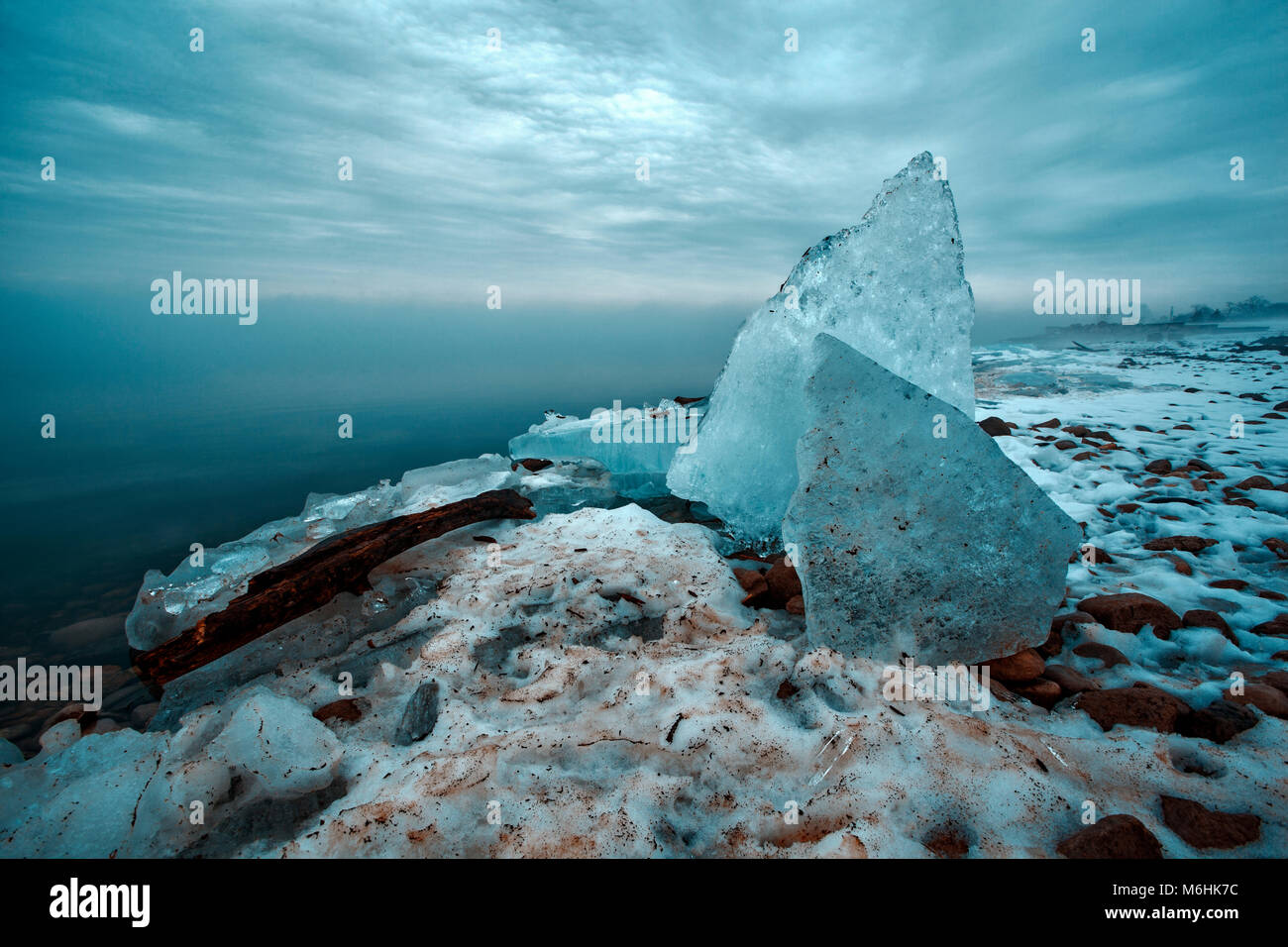 Snow and Frozen Ice Sheets Piled Ashore Windsor Detroit Riverfront ...