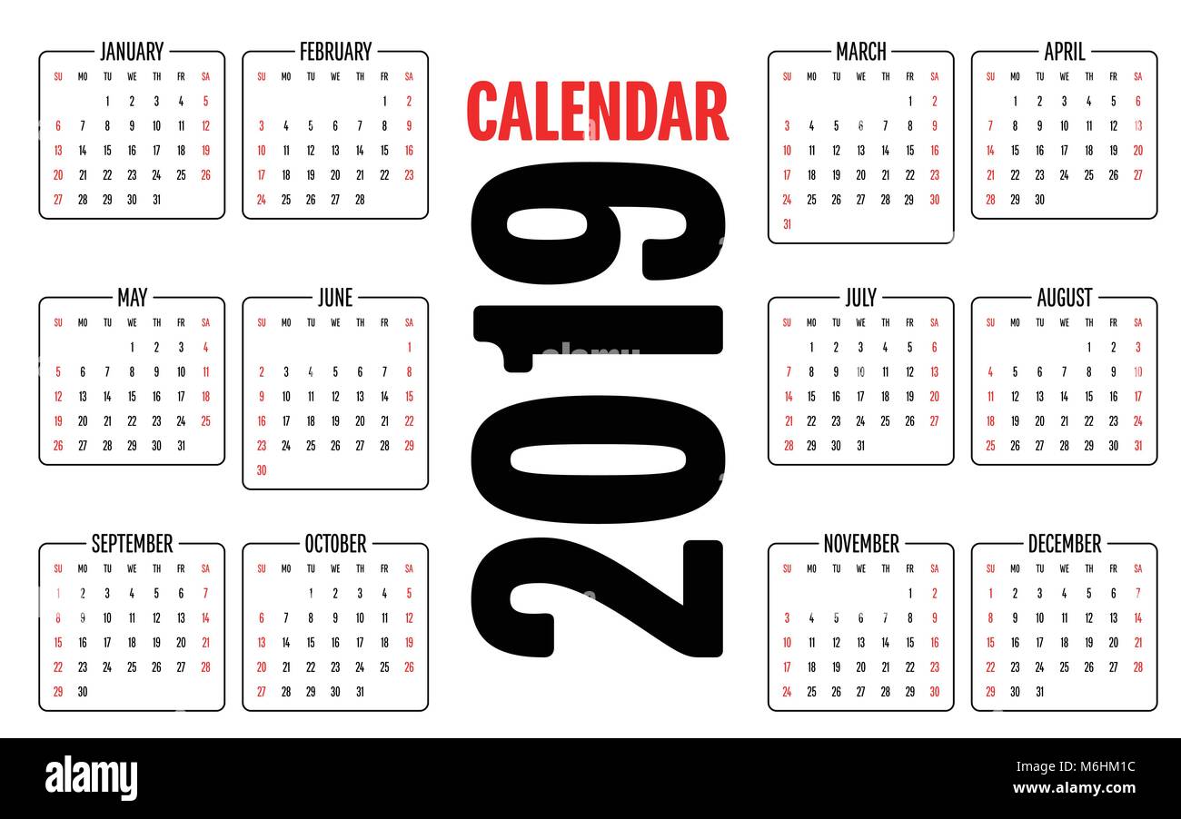 2019 Calendar Design Template Vector Illustration Simple Clear Week ...