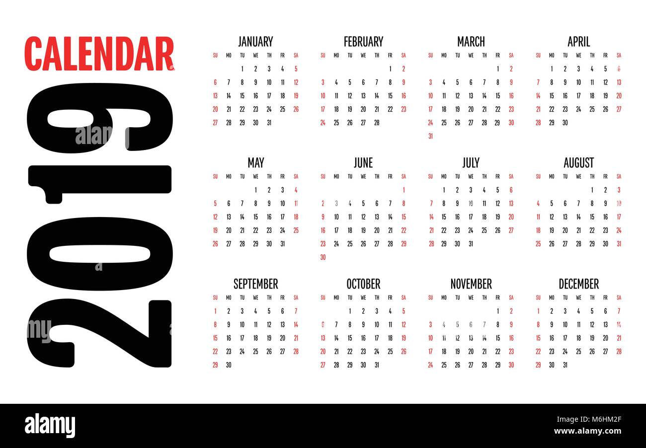 2019 Calendar Design Template Vector Illustration Simple Clear Week ...