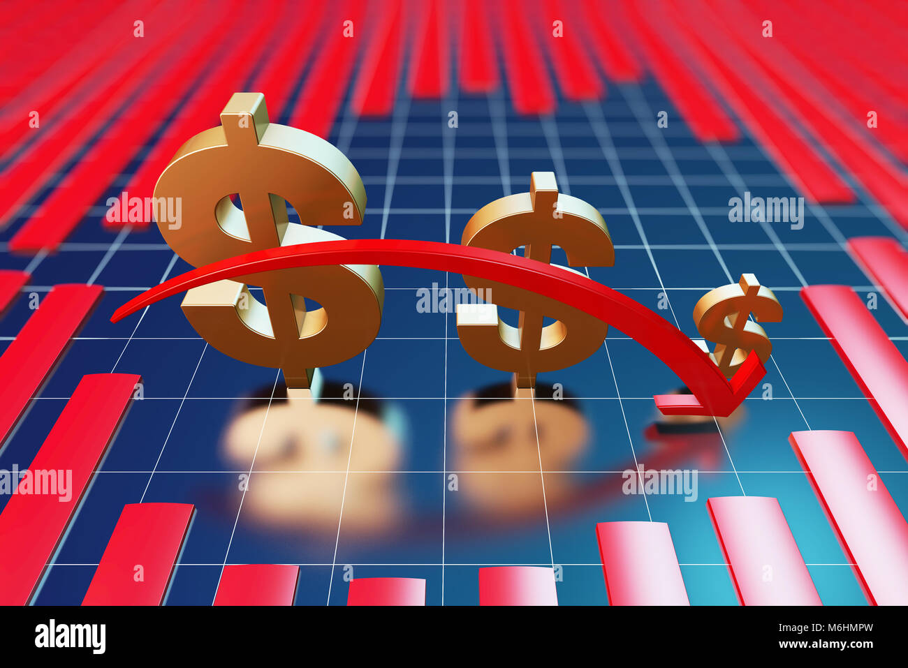 Falling economic arrows, representing commercial bankruptcy, business ...