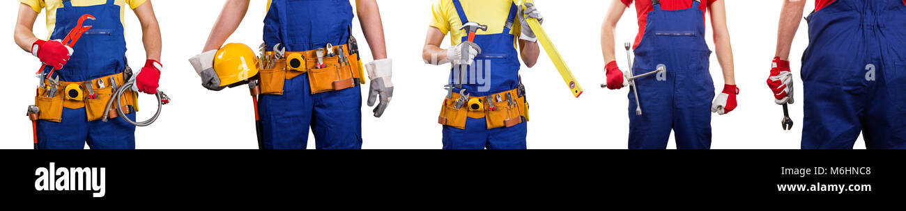 group of construction workers and mechanic isolated on white background ...