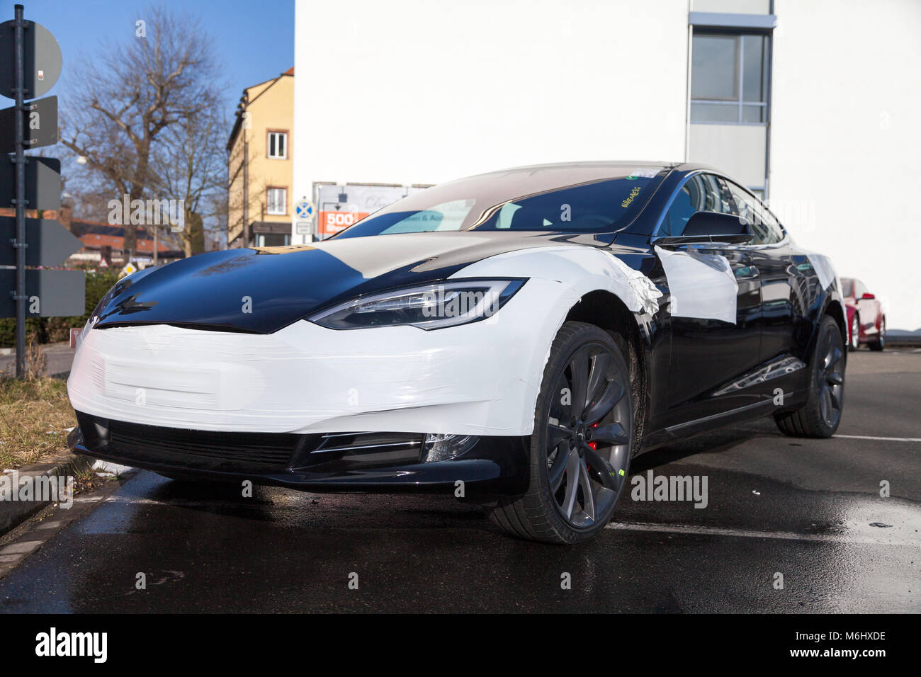 FUERTH / GERMANY - MARCH 4, 2018: Tesla logo on a Tesla car Tesla, Inc ...
