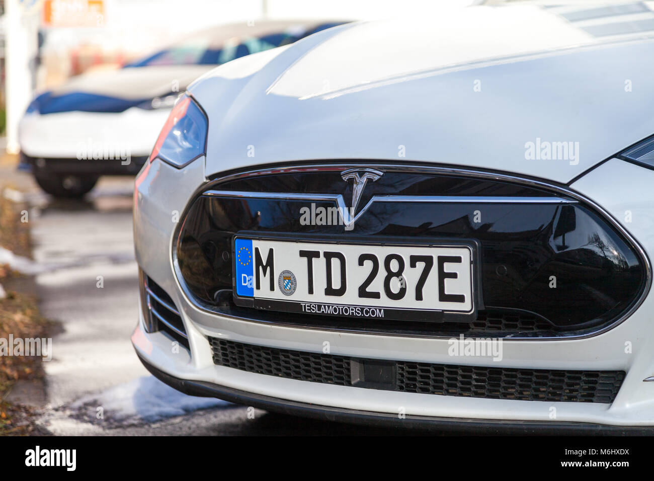 FUERTH / GERMANY - MARCH 4, 2018: Tesla logo on a Tesla car Tesla, Inc ...