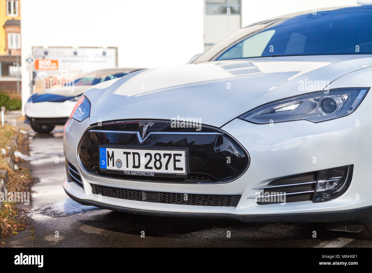 FUERTH / GERMANY - MARCH 4, 2018: Tesla logo on a Tesla car Tesla, Inc ...