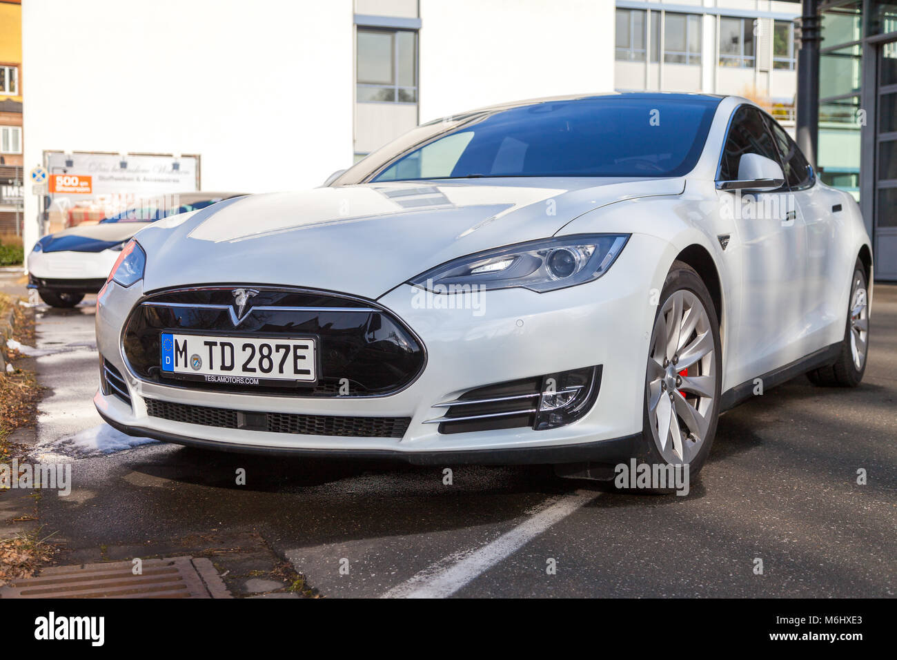 FUERTH / GERMANY - MARCH 4, 2018: Tesla logo on a Tesla car Tesla, Inc ...