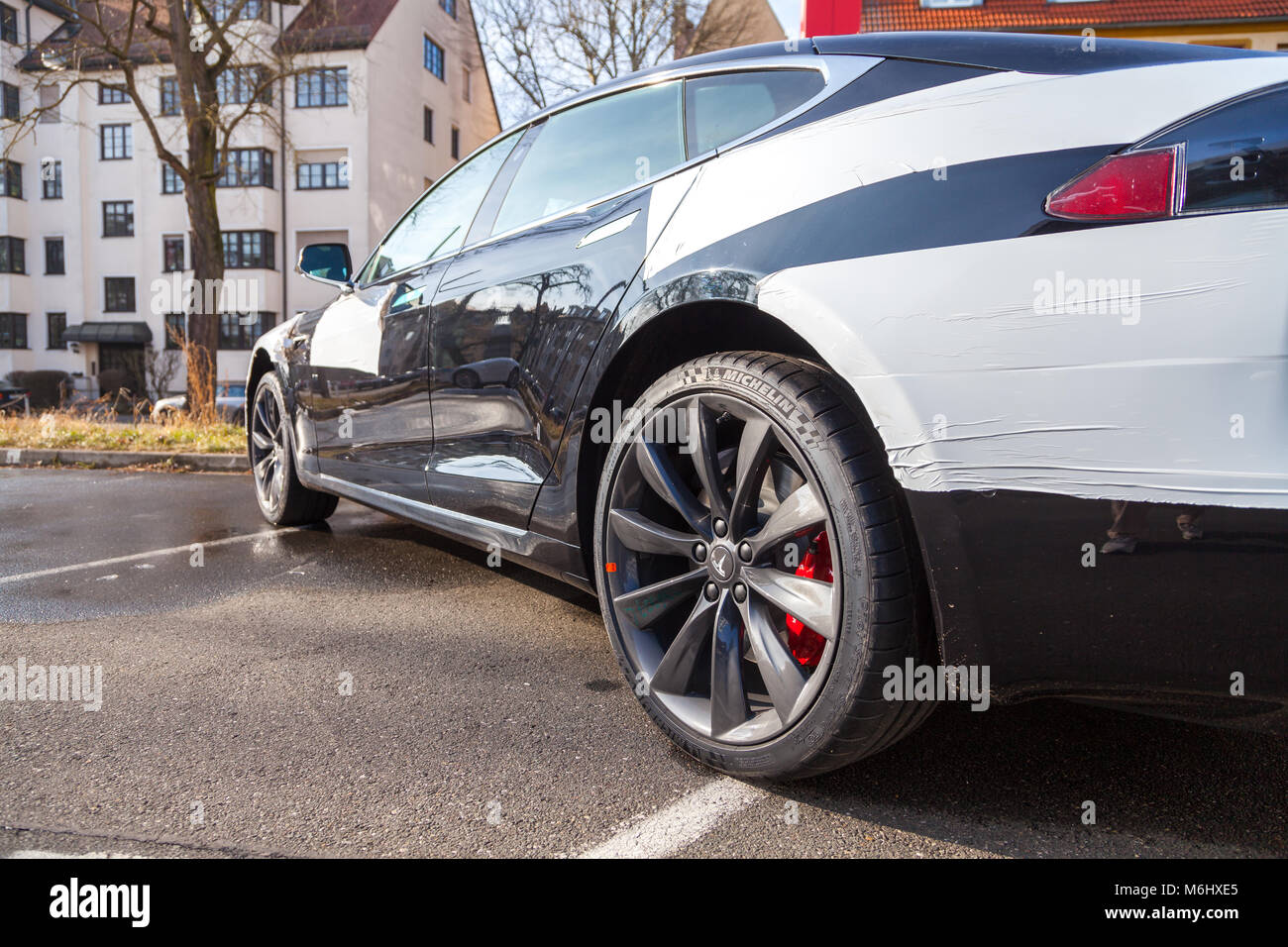 FUERTH / GERMANY - MARCH 4, 2018: Tesla logo on a Tesla car Tesla, Inc ...