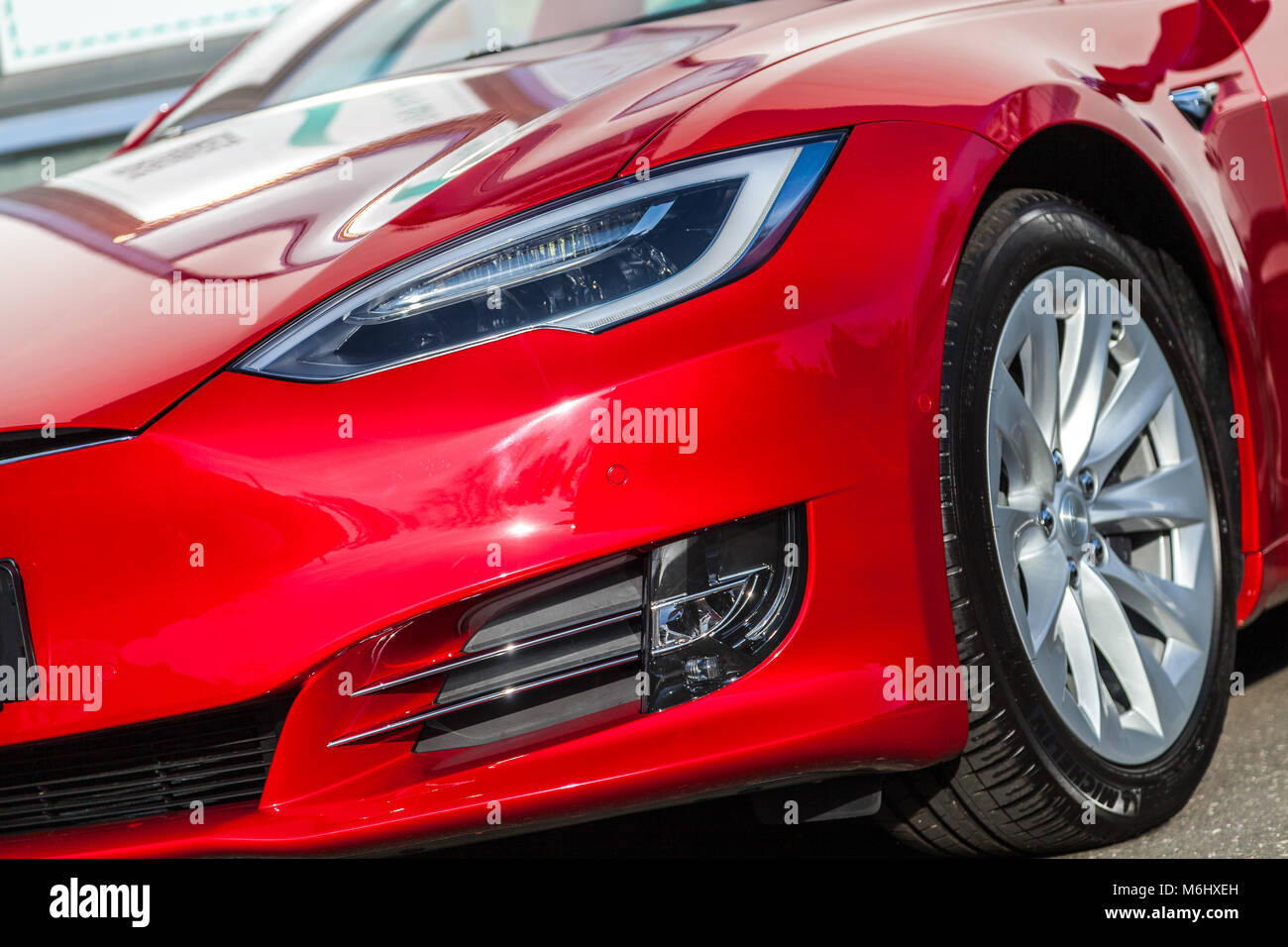 FUERTH / GERMANY - MARCH 4, 2018: Tesla logo on a Tesla car Tesla, Inc ...